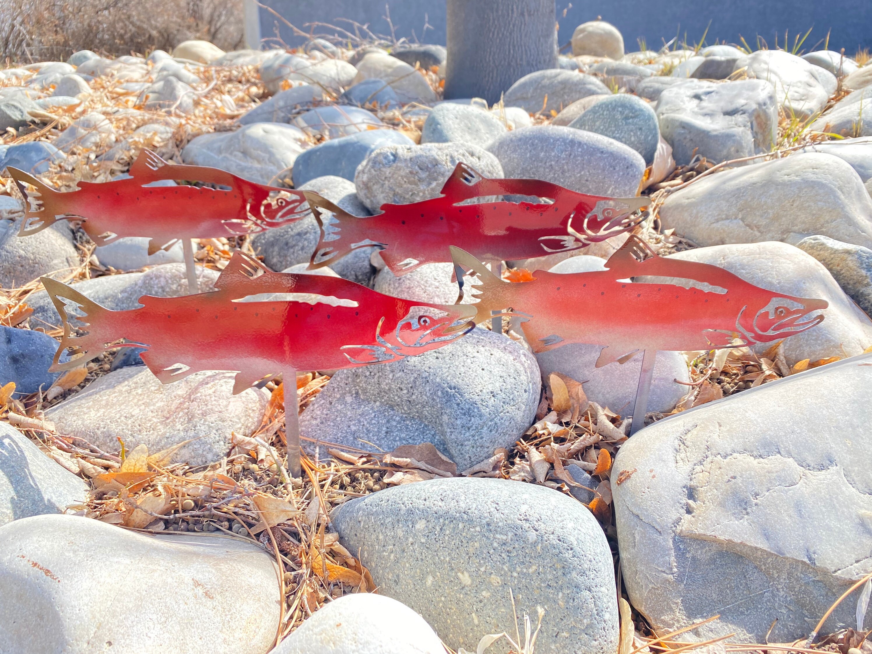 Salmon Rock Bed Decor Set of 4, Metal Salmon Metal Art, River Rock ...