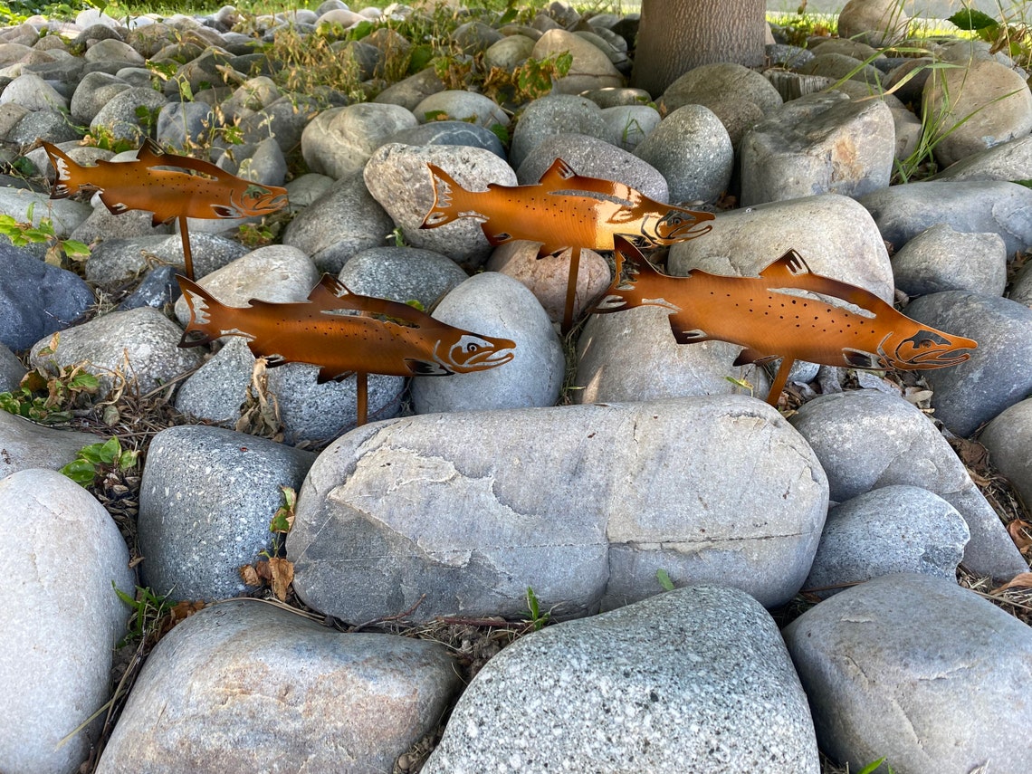 Salmon Rock Bed Decor Set of 4 Metal Salmon Metal Art River - Etsy