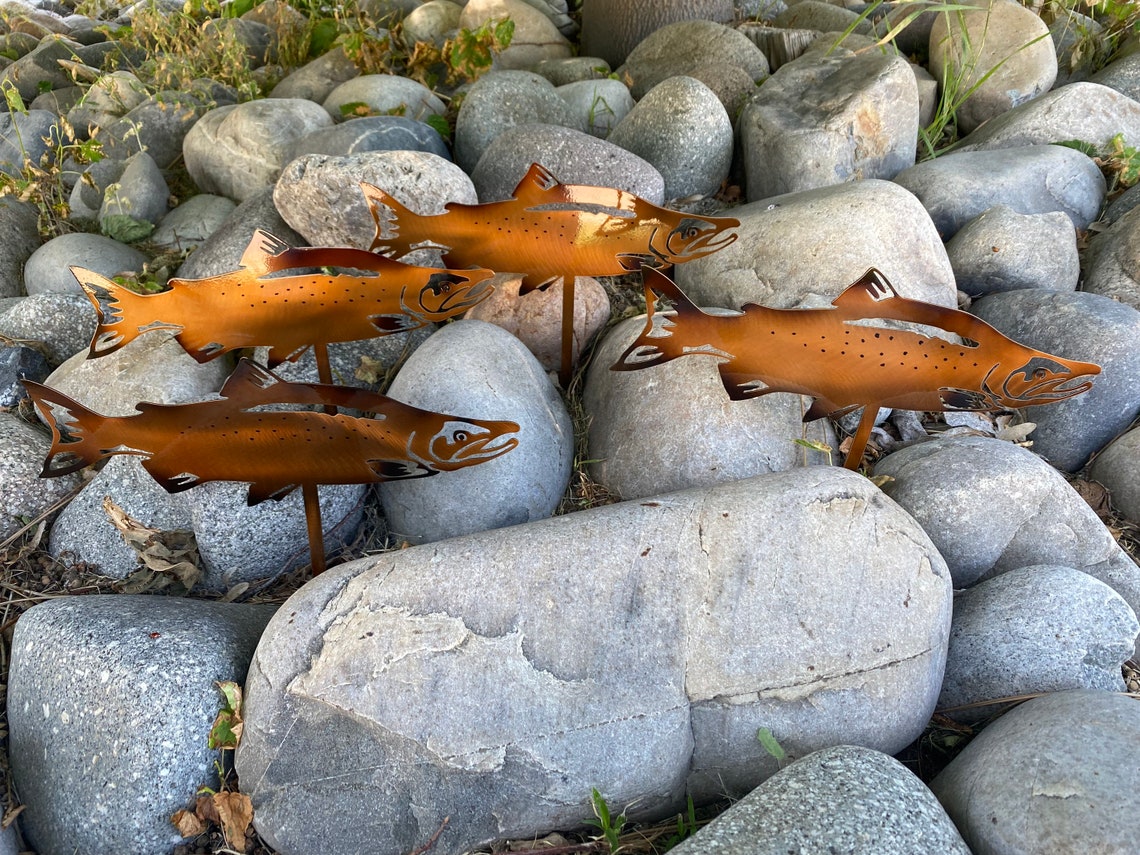 Salmon Rock Bed Decor Set of 4 Metal Salmon Metal Art River - Etsy