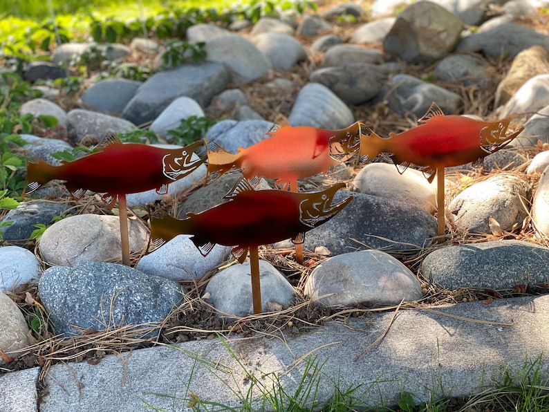 Sockeye Salmon Rock Bed Decor Set of 4 Metal Salmon Metal Art, River ...