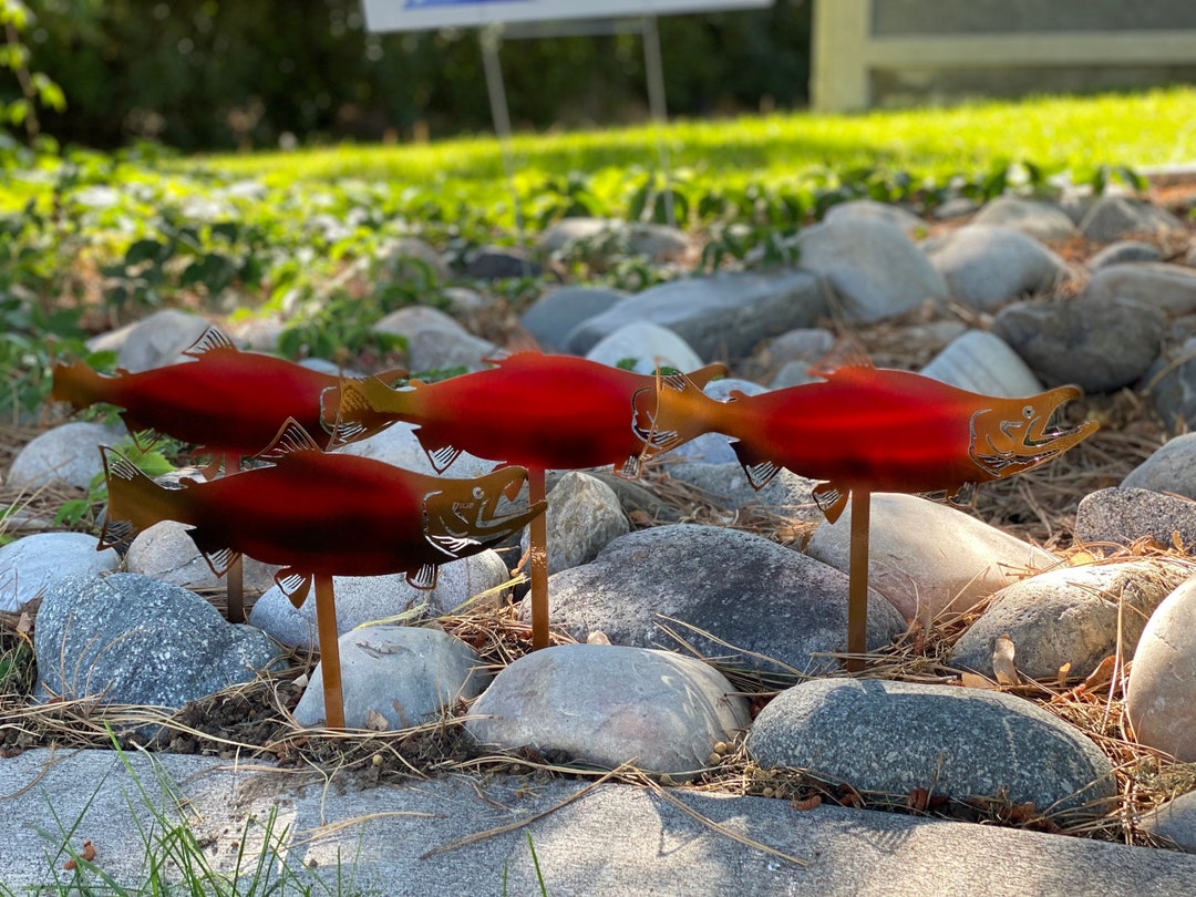 Sockeye Salmon Rock Bed Decor Set of 4 Metal Salmon Metal Art, River ...