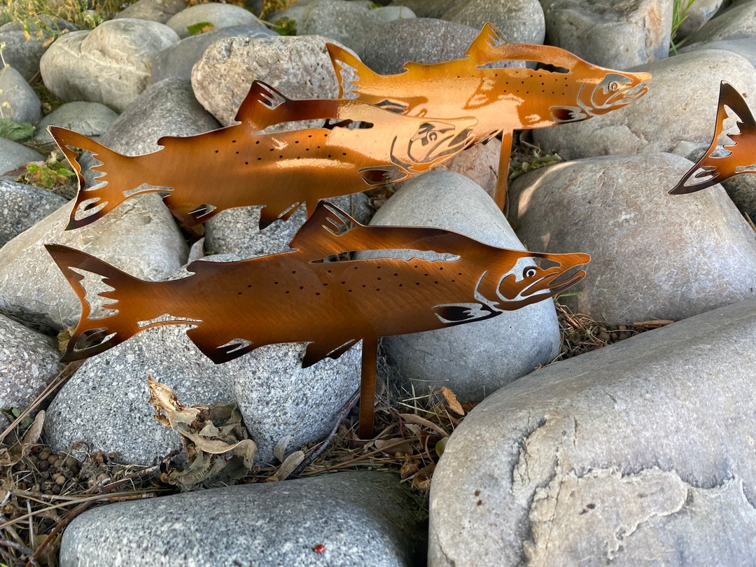 Salmon Rock Bed Decor Set of 4, Metal Salmon Metal Art, River Rock ...