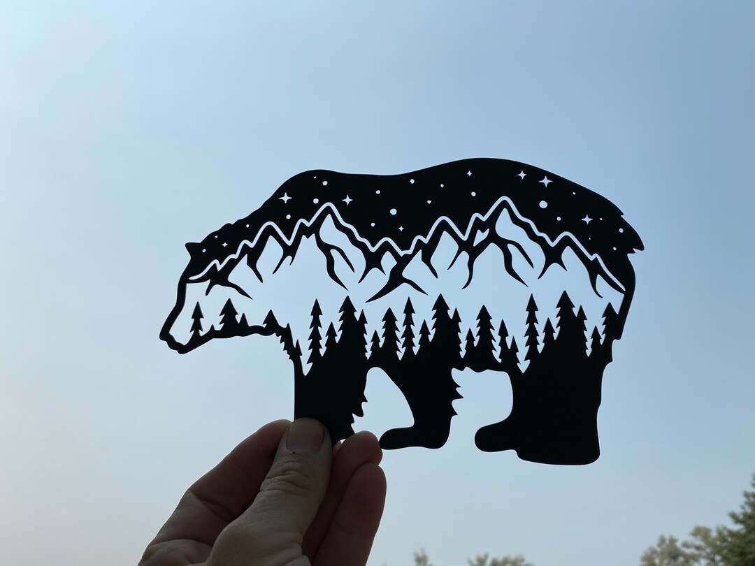 Bear Metal Art, Bear Cub Art, Bear With Mountains and Trees Metal Decor ...