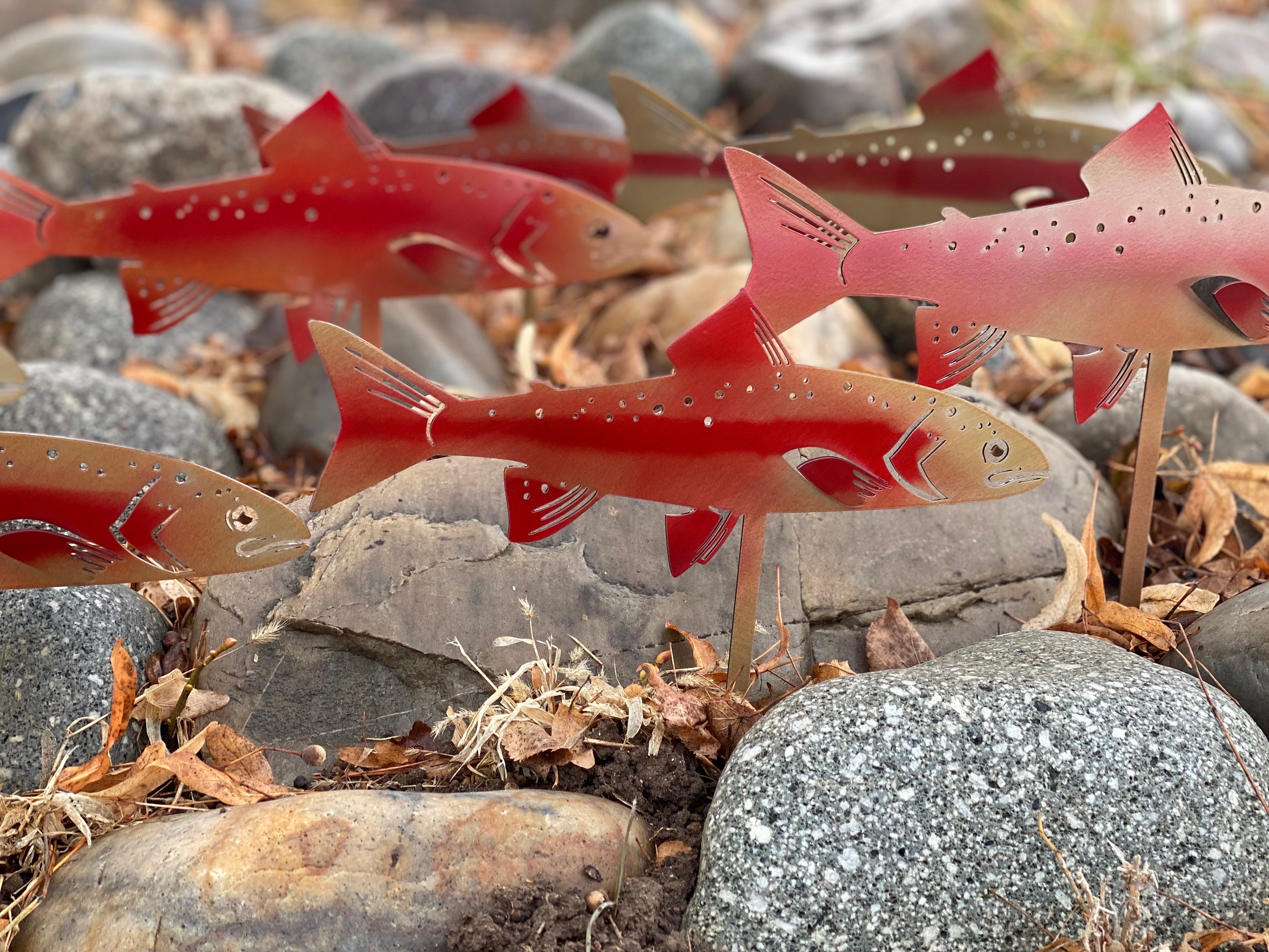 Trout Rock Bed Decor Set of 4, Metal Golden Trout Metal Art, River Rock ...