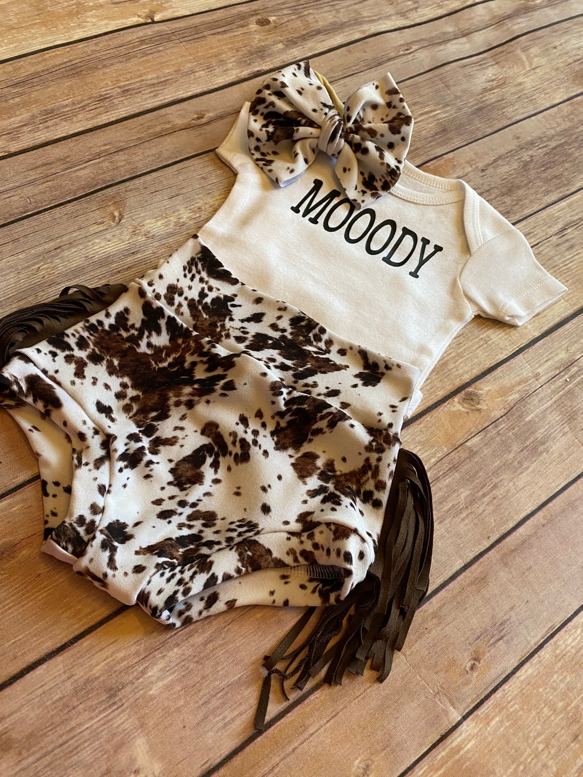 Cowhide With Fringe MOOODY Baby Girl Soft Knit Bummies and - Etsy