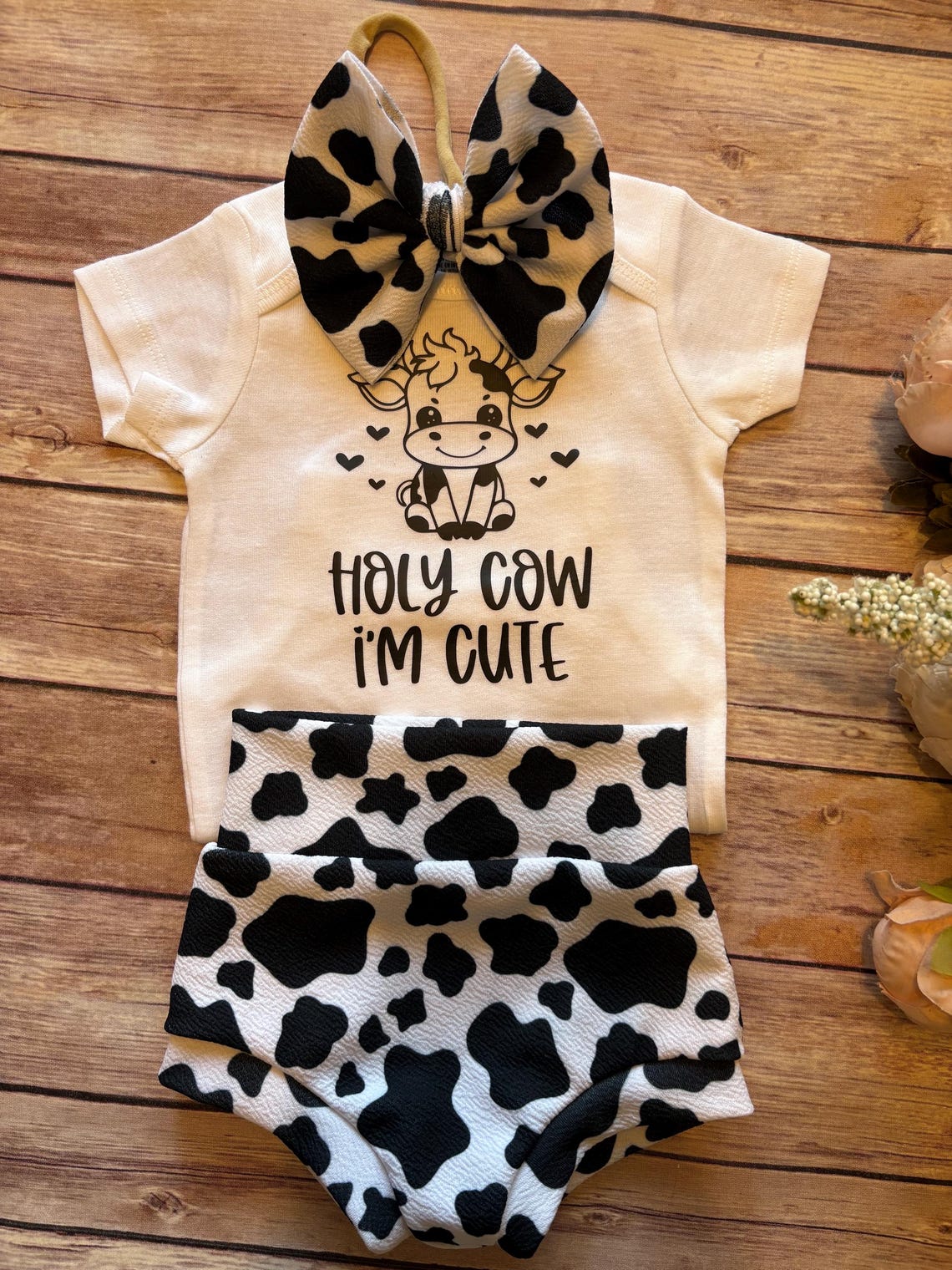 Holy Cow I’m Cute Baby Outfit – Farm Baby Clothes – Cow Print Shorts ...