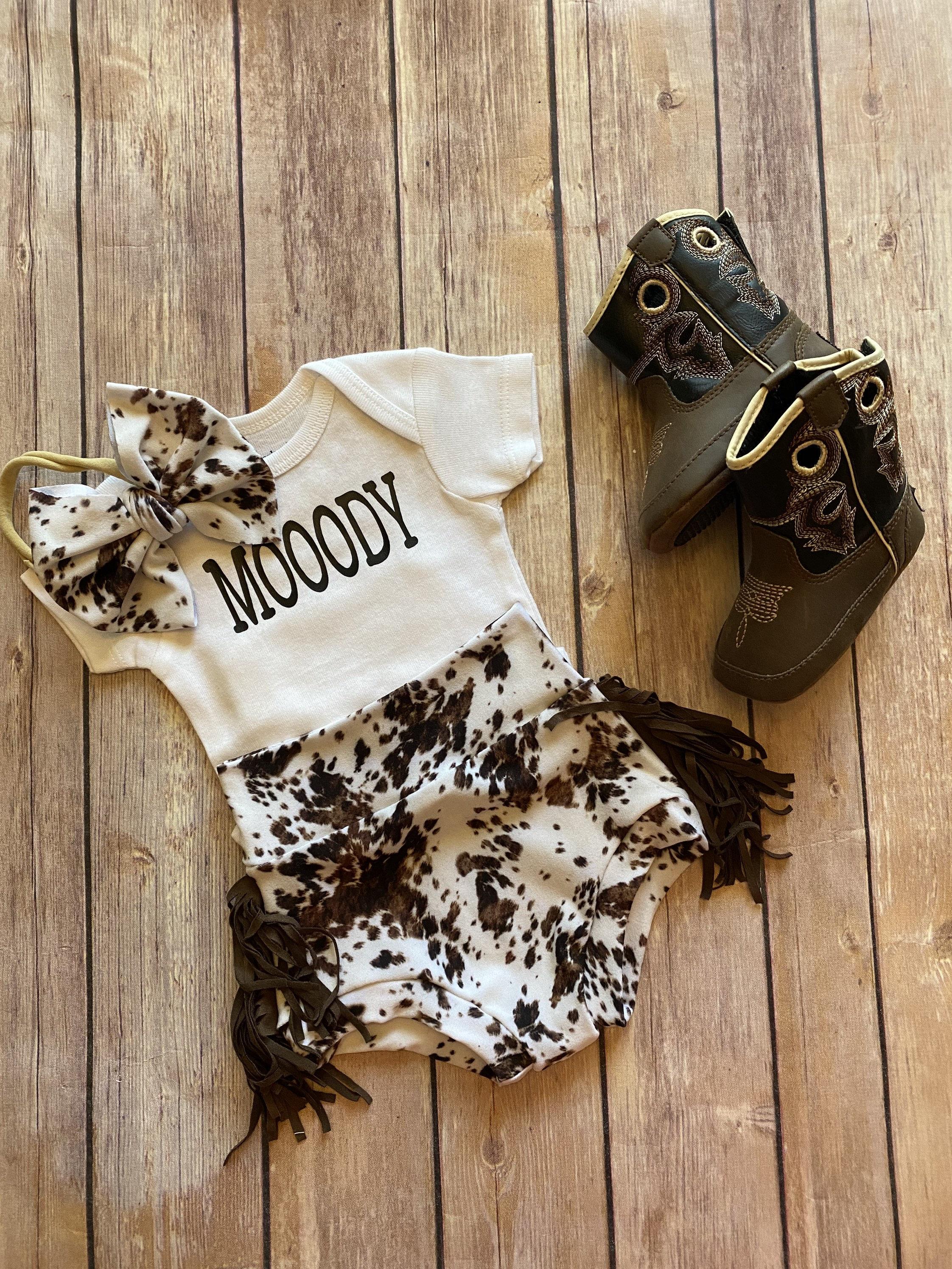 Cowhide With Fringe MOOODY Baby Girl Soft Knit Bummies and - Etsy