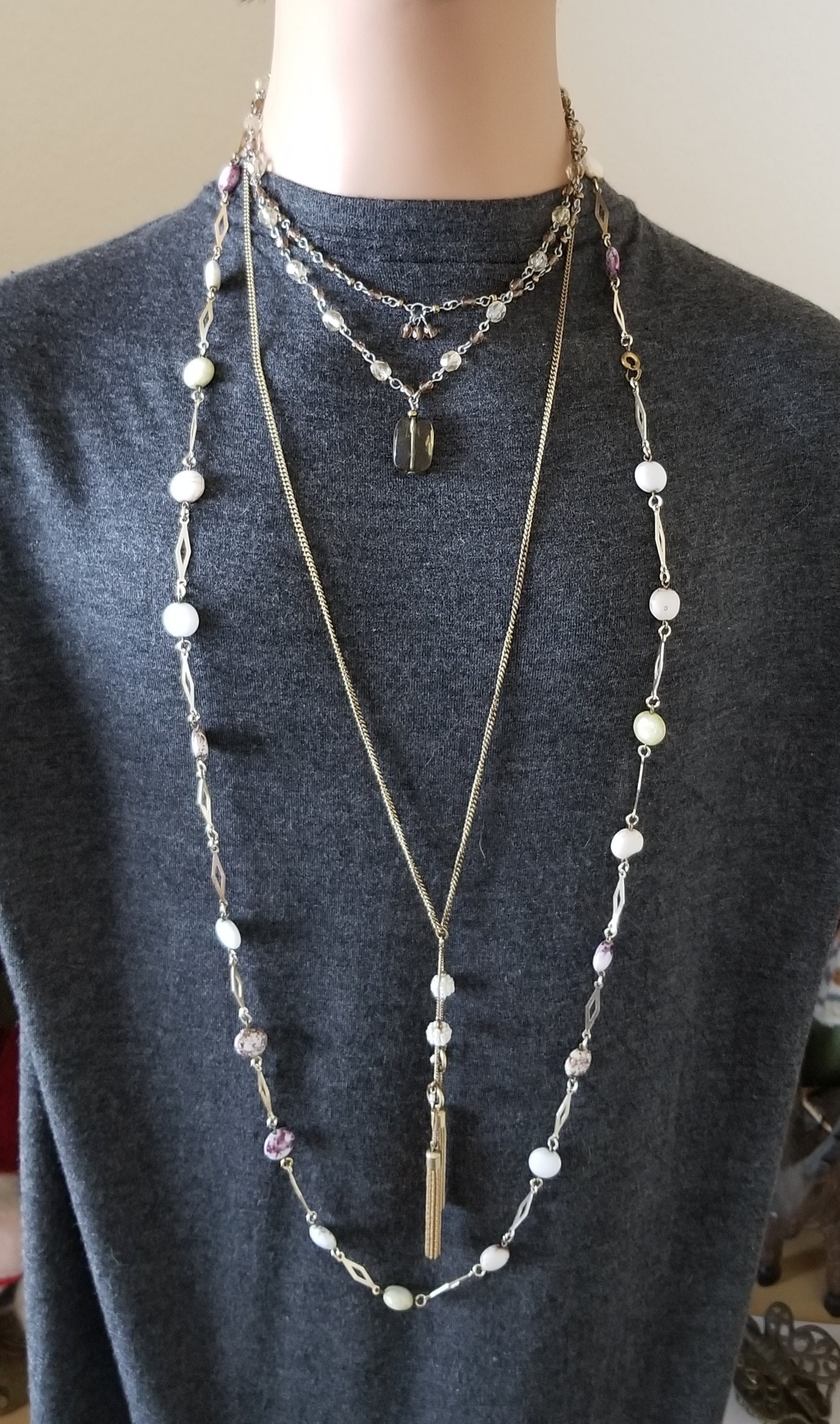 Set of 3 Necklace Parcel / Vintage Retro Long Chain, Glass Beads, Short ...