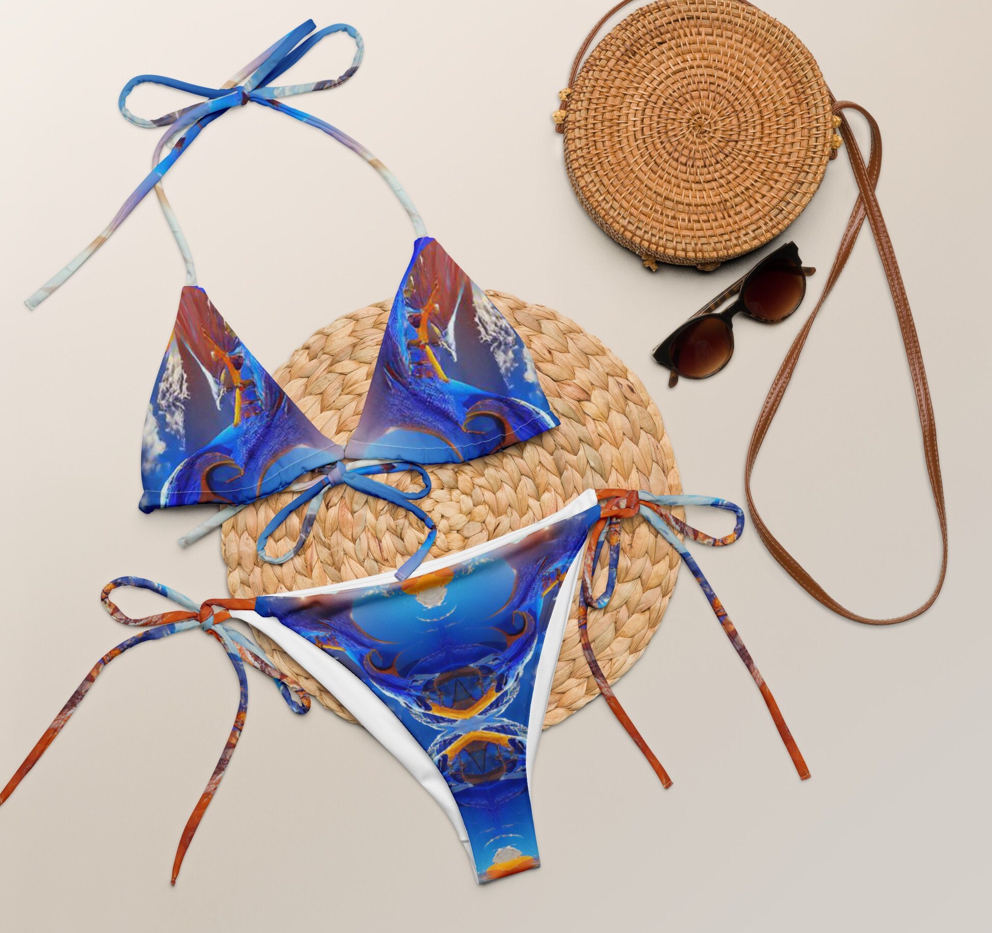 Blue Dragon Recycled String Bikini, Colorful Blue Two Piece Bikini, Blue Sky String Bikini, 2 ...