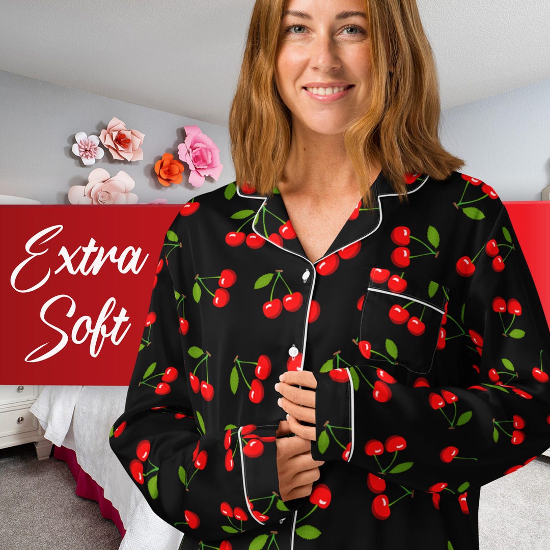 Black Cherry Pajama Set, Lounge and Sleepwear, Cherry Pajamas, Women ...