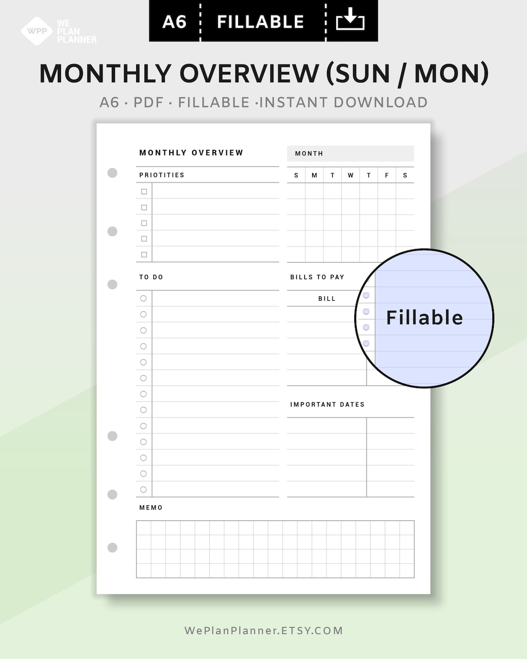 Monthly Overview Planner Inserts Mon / Sun Start Editable Month to Do ...