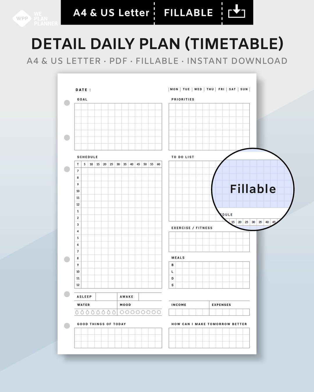 Printable Grid Daily Task Planner timetable Minimalist Hourly Planner ...