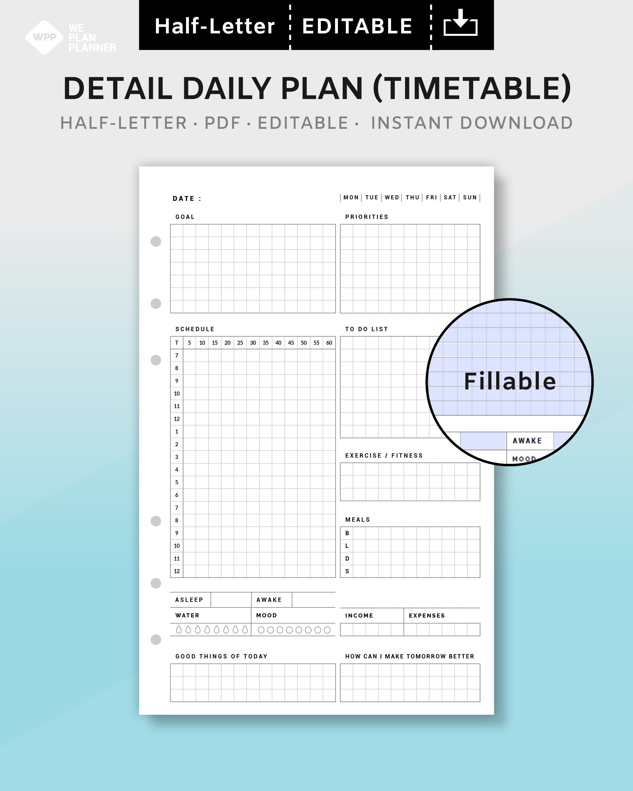 Printable Grid Daily Task Planner timetable Minimalist Hourly Planner ...