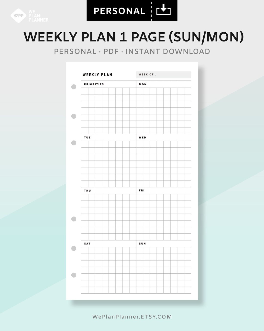 Week on One Page Printable Printable Weekly Planner Agenda Grid Weekly ...