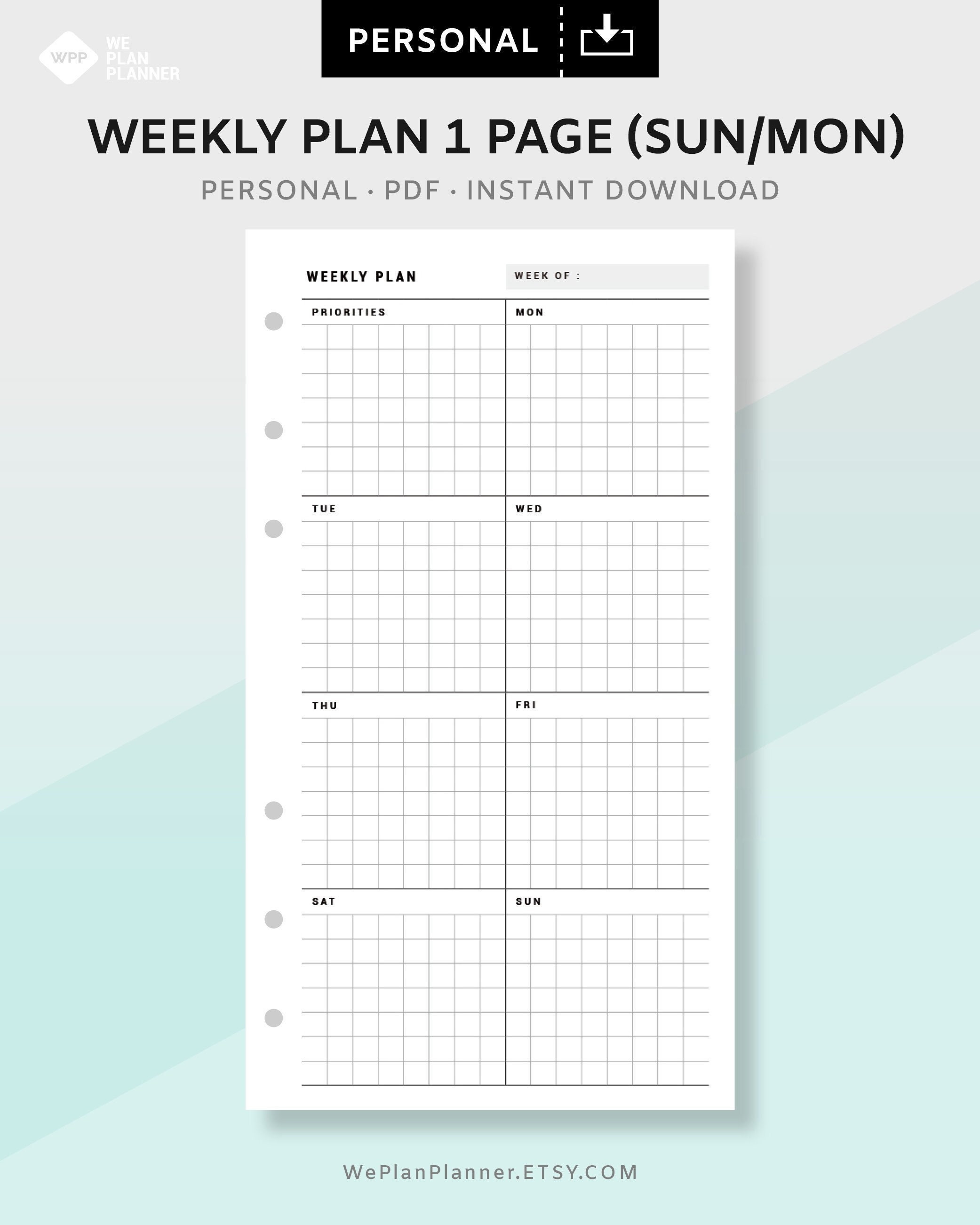 Week on One Page Printable Printable Weekly Planner Agenda Grid Weekly ...