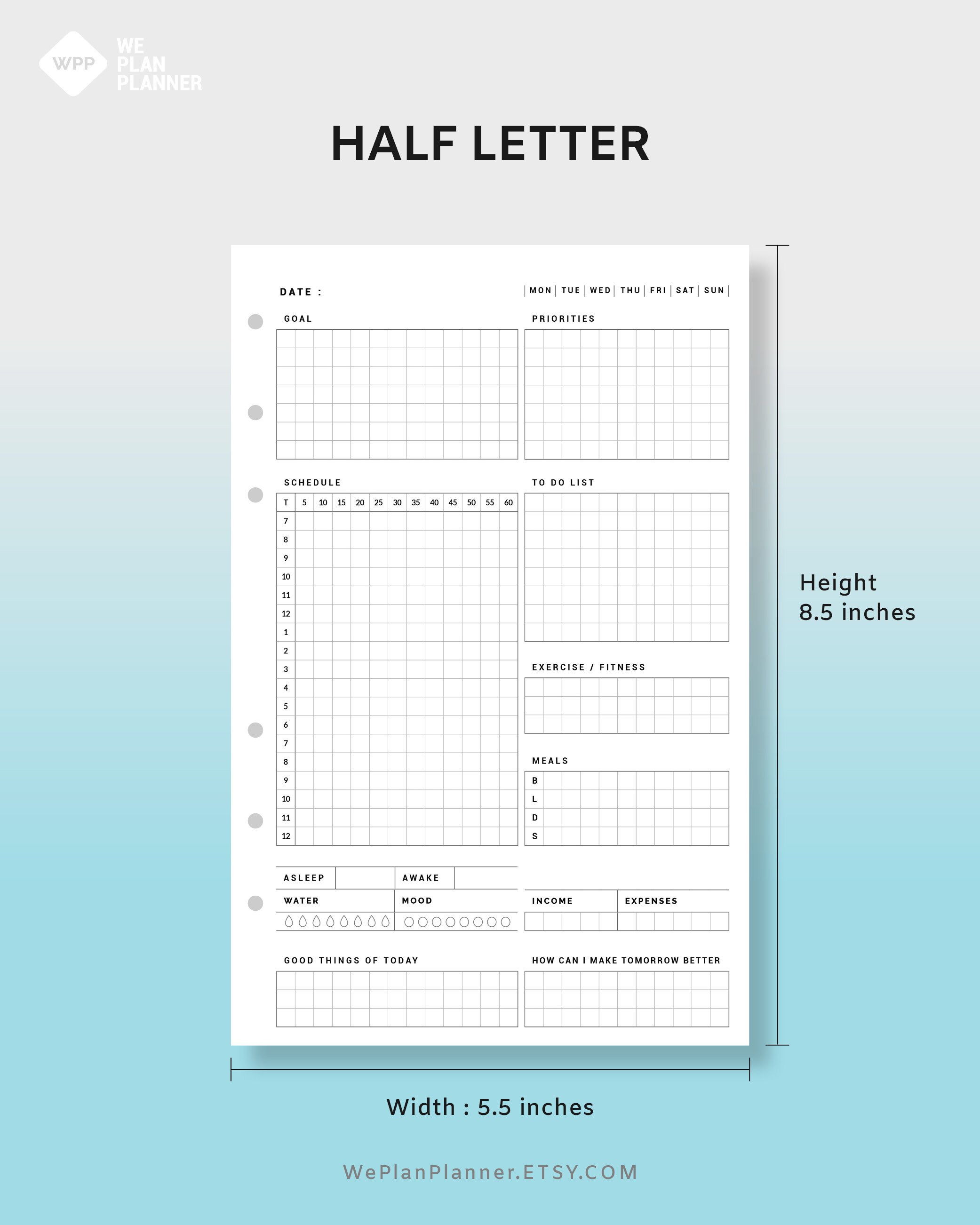 Printable Grid Daily Task Planner timetable Minimalist Hourly Planner ...