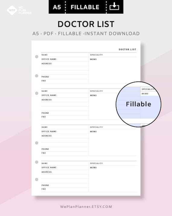 Doctor Contacts List Address Book Inserts Printable Planner - Etsy