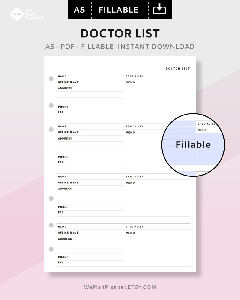 Doctor Contacts List | Address Book Inserts Printable Planner ...
