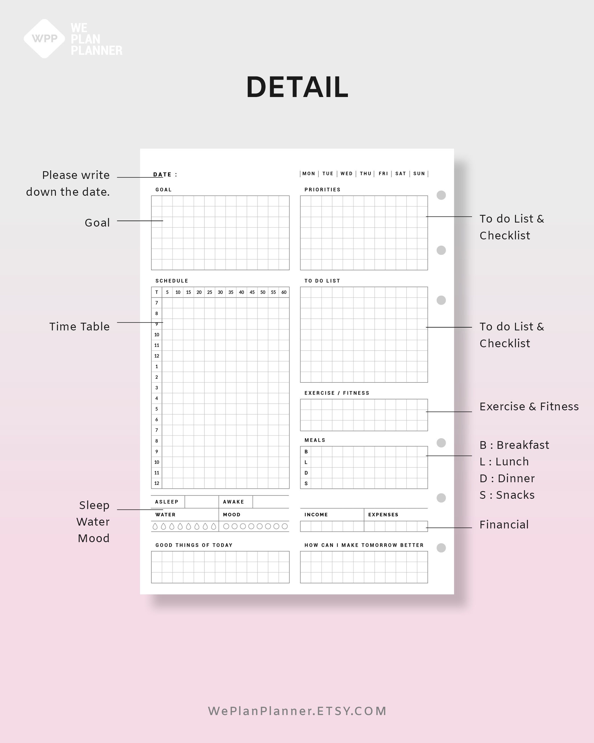 Printable Daily Task Planner timetable Minimalist Hourly Planner & Mood ...