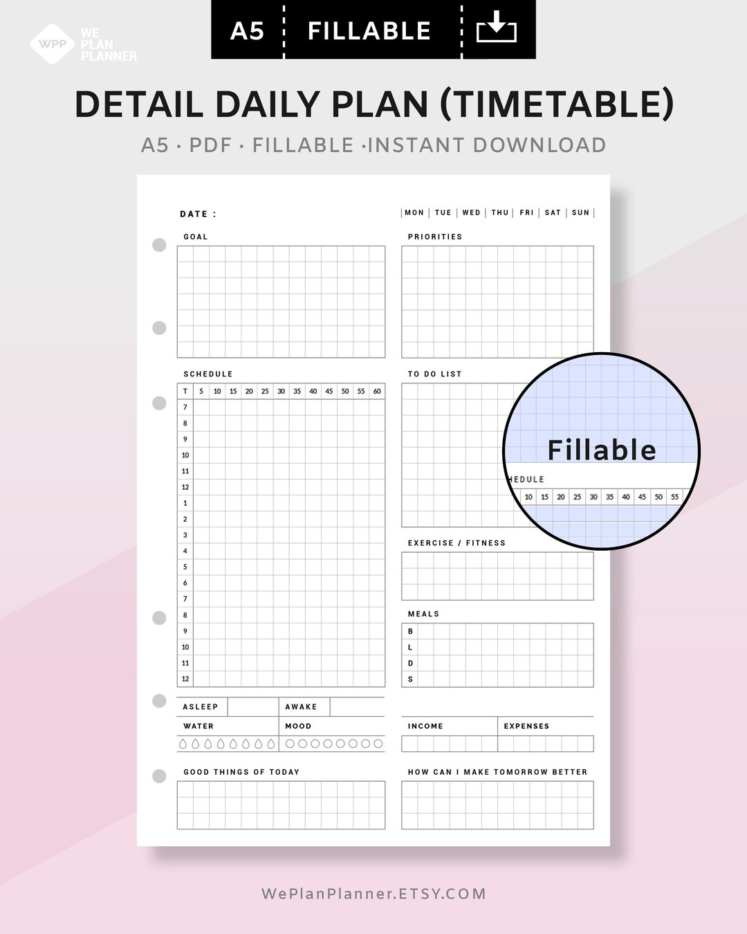 Printable Daily Task Planner timetable Minimalist Hourly Planner & Mood ...