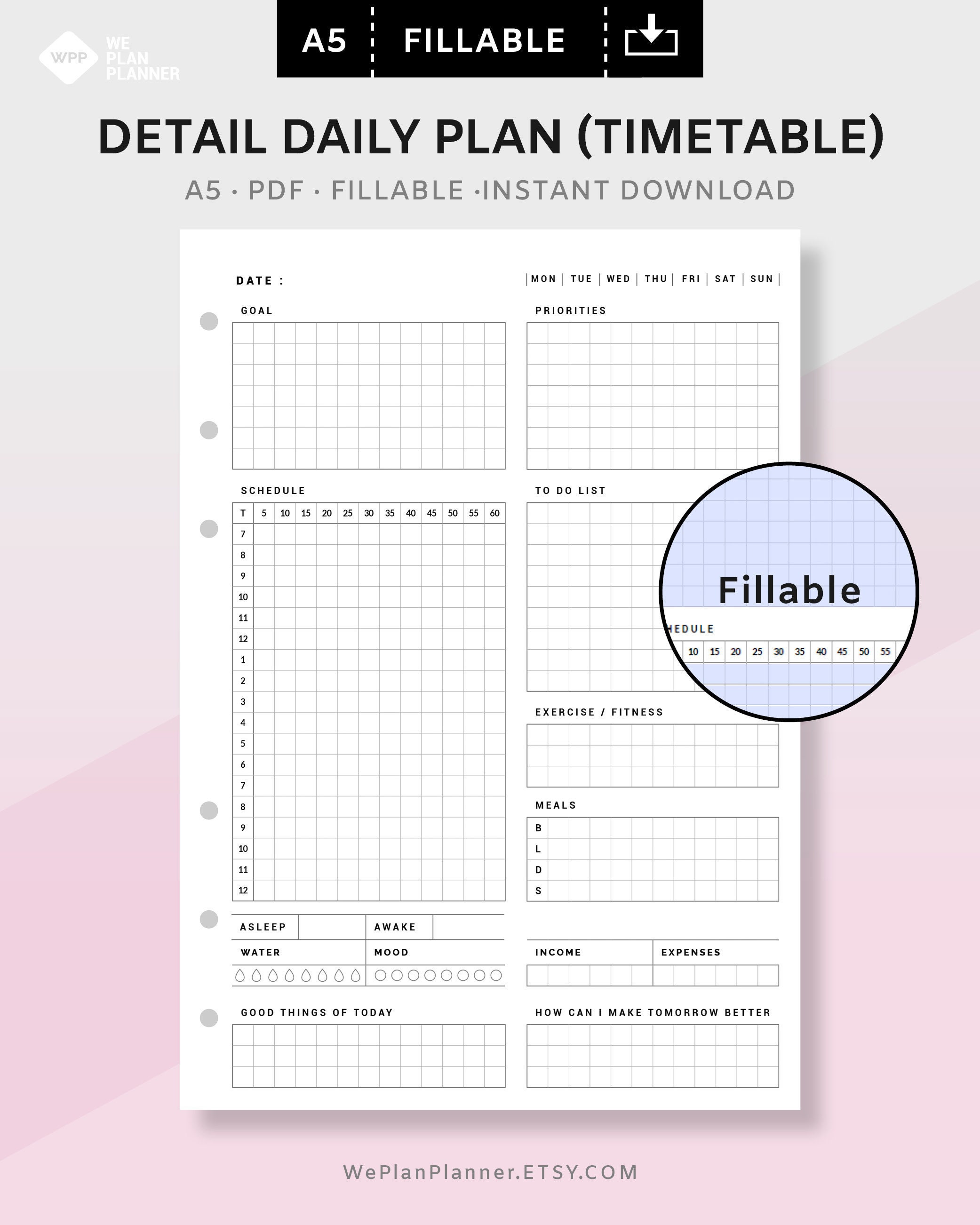 Printable Daily Task Planner timetable Minimalist Hourly Planner & Mood ...
