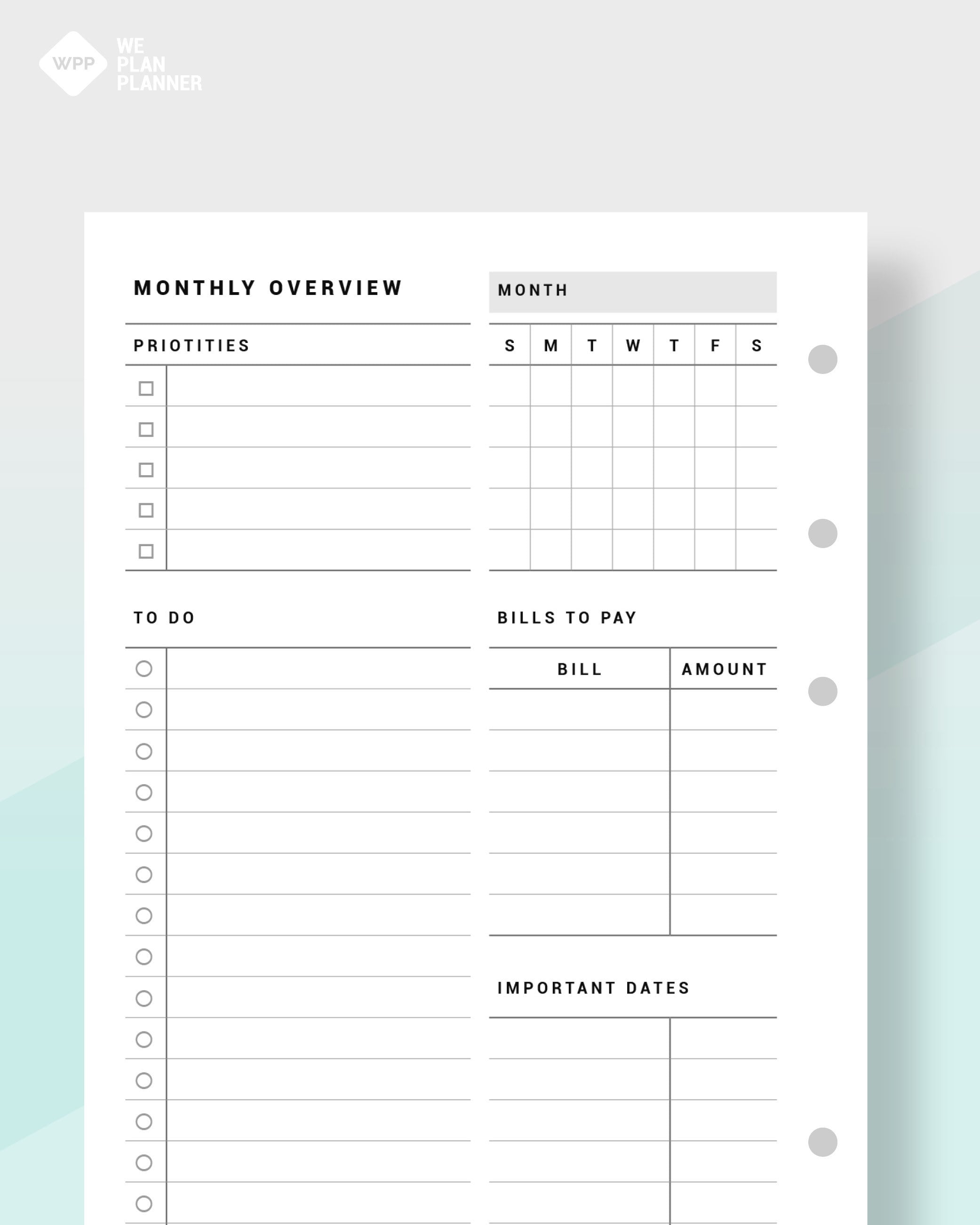 Personal Monthly Overview Planner Inserts Mon / Sun Start Month to Do ...