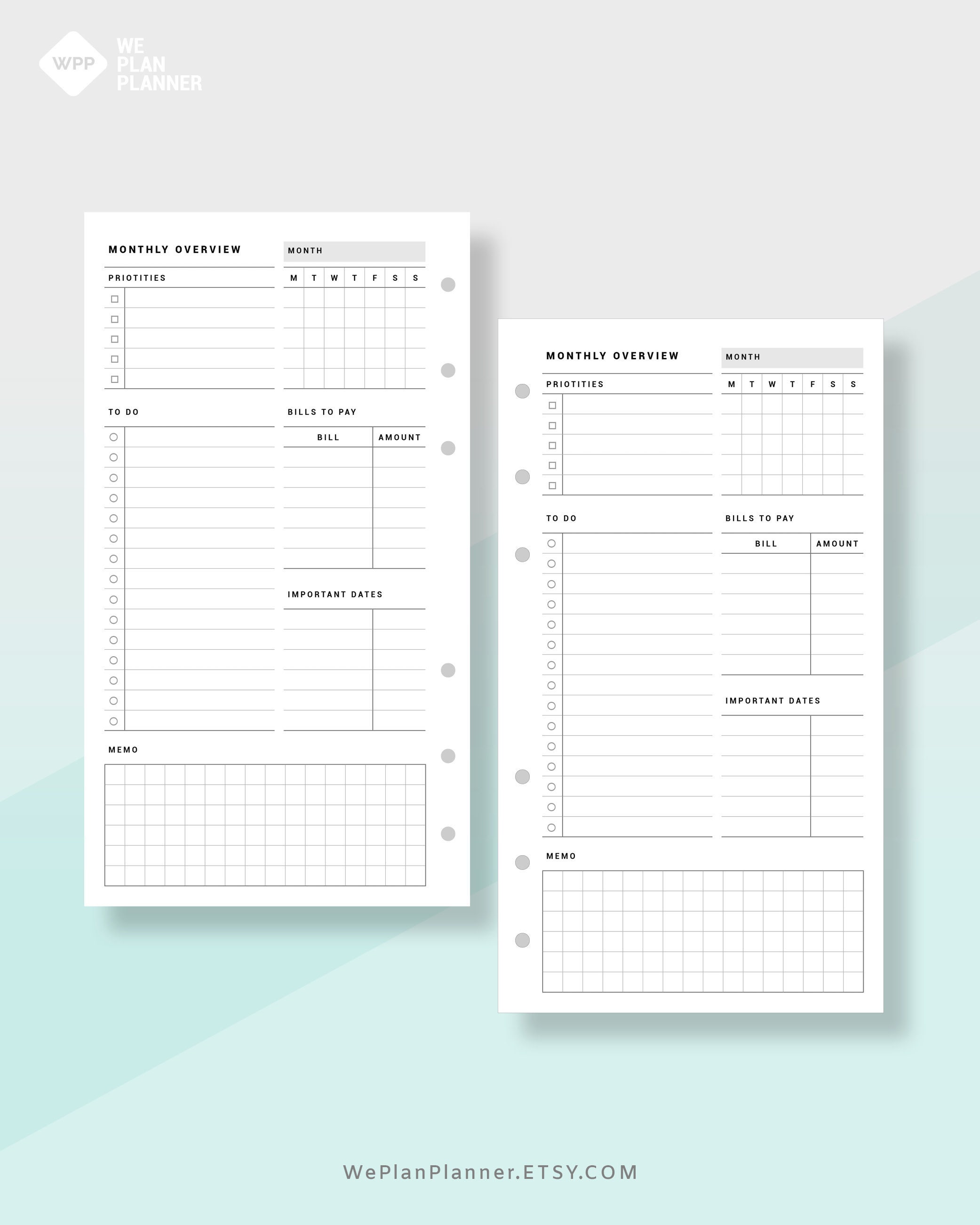 Personal Monthly Overview Planner Inserts Mon / Sun Start Month to Do ...