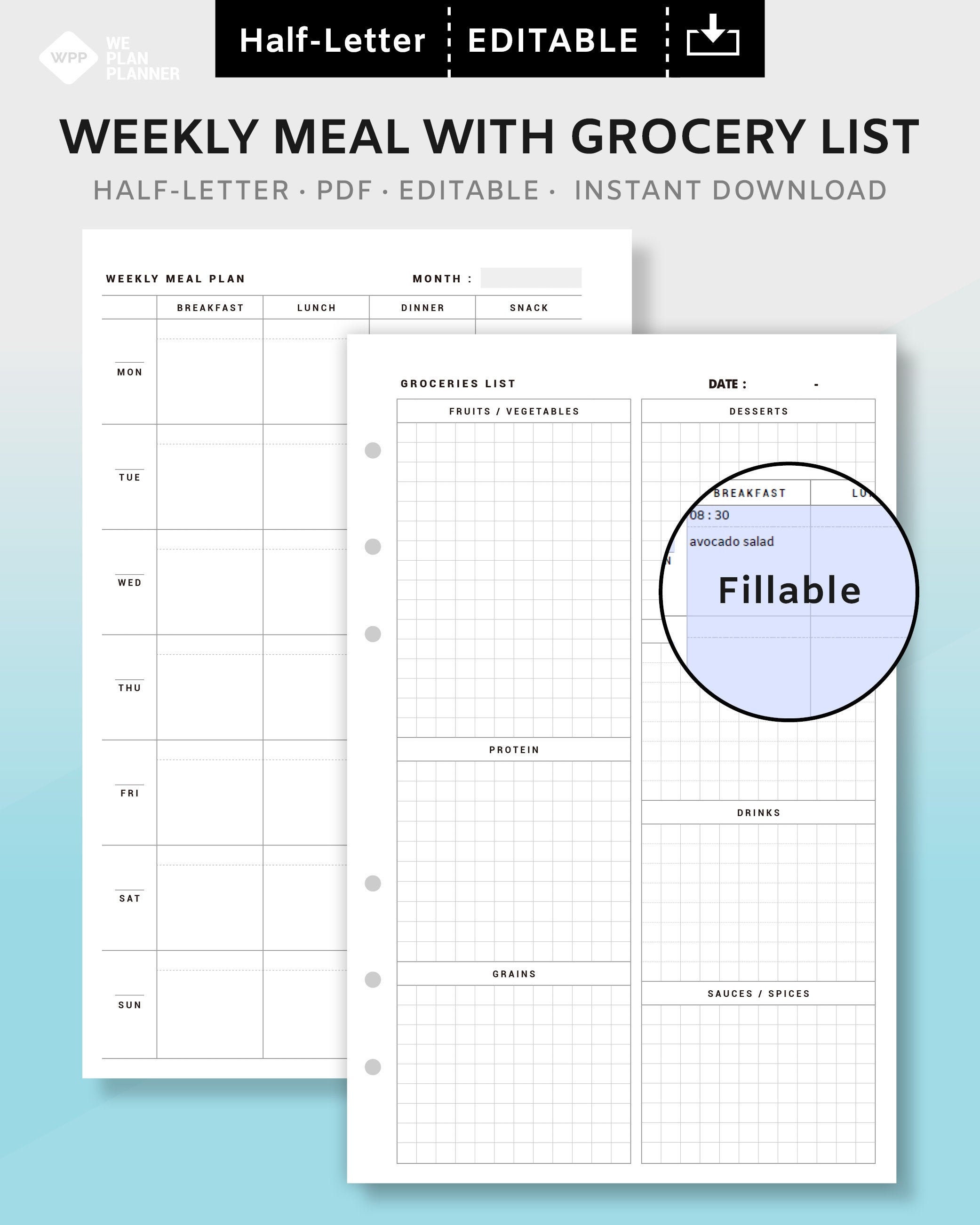 Editable Weekly Family Meal Planner With Grocery List Printable for ...