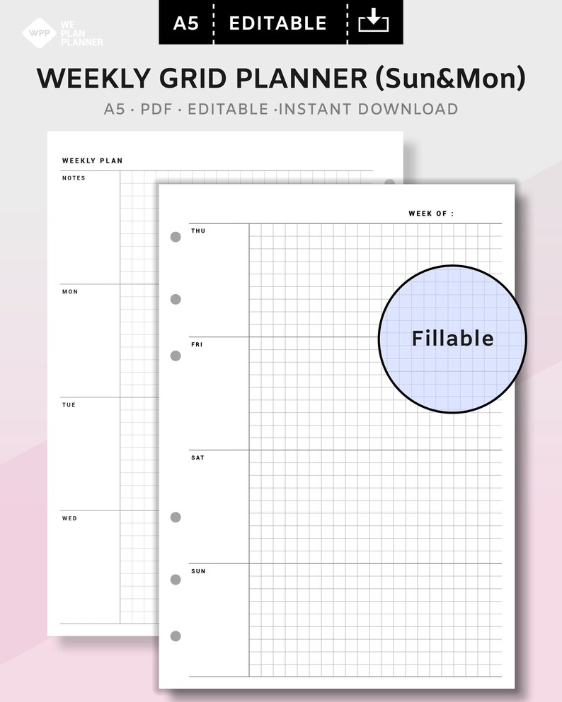 Weekly Grid Planner Inserts Editable and Printable Week on 2 - Etsy