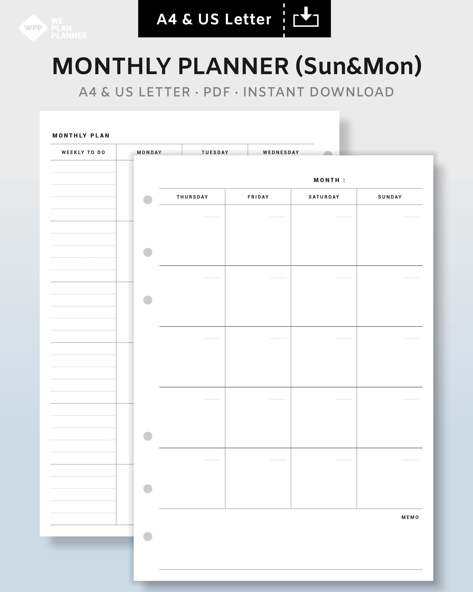Monthly Planner Printable on Two Pages Sunday & Monday Start - Etsy