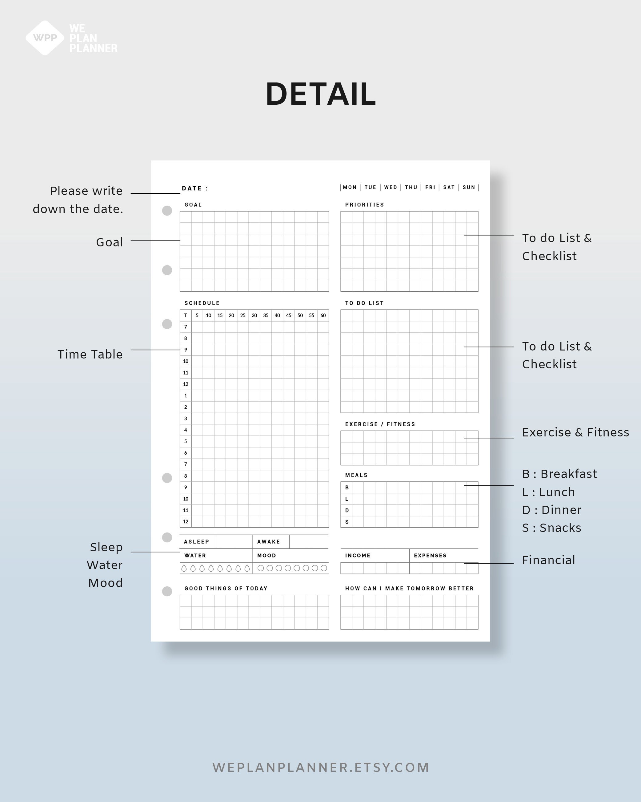 Printable Grid Daily Task Planner timetable Minimalist - Etsy