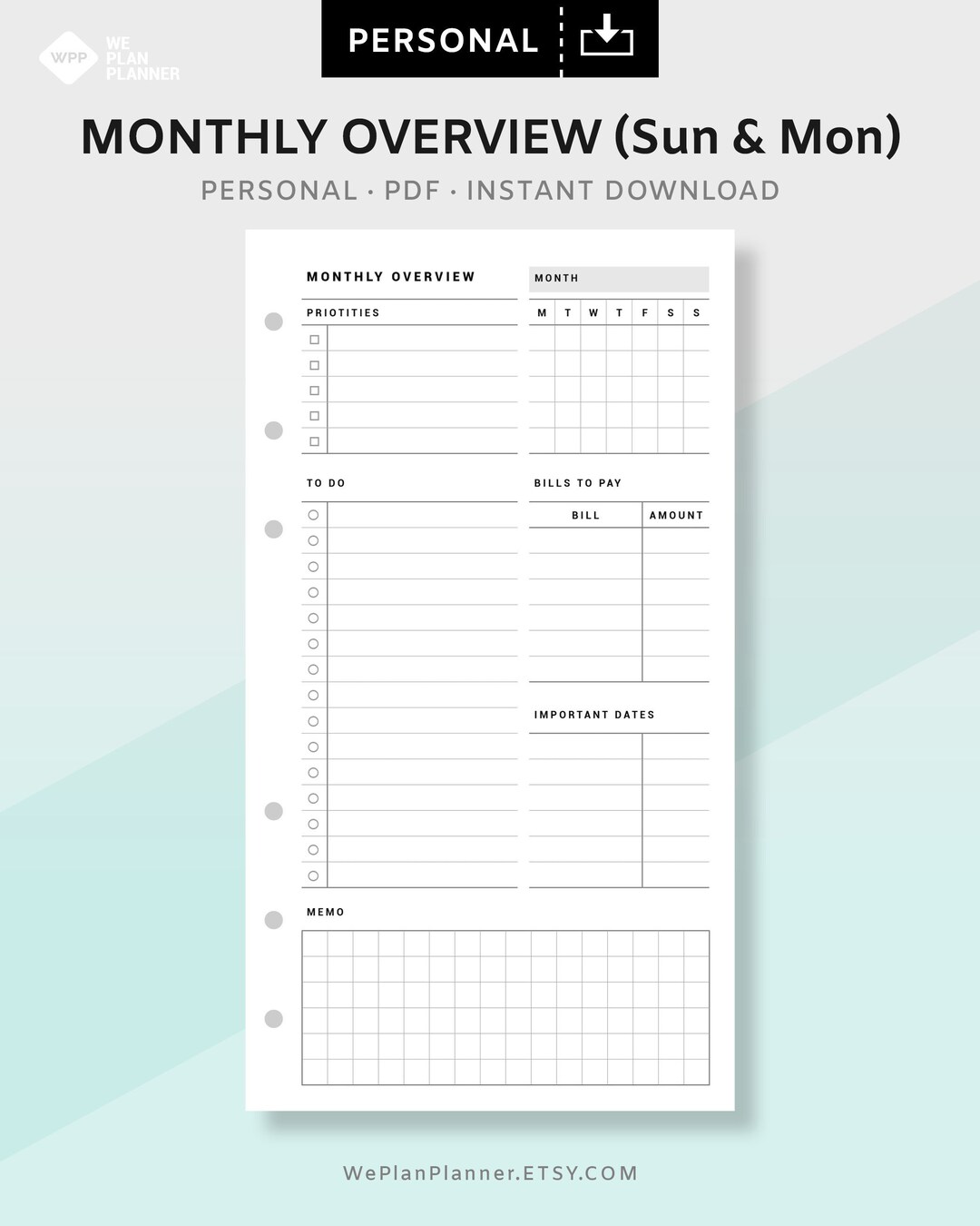Personal Monthly Overview Planner Inserts Mon / Sun Start Month to Do ...