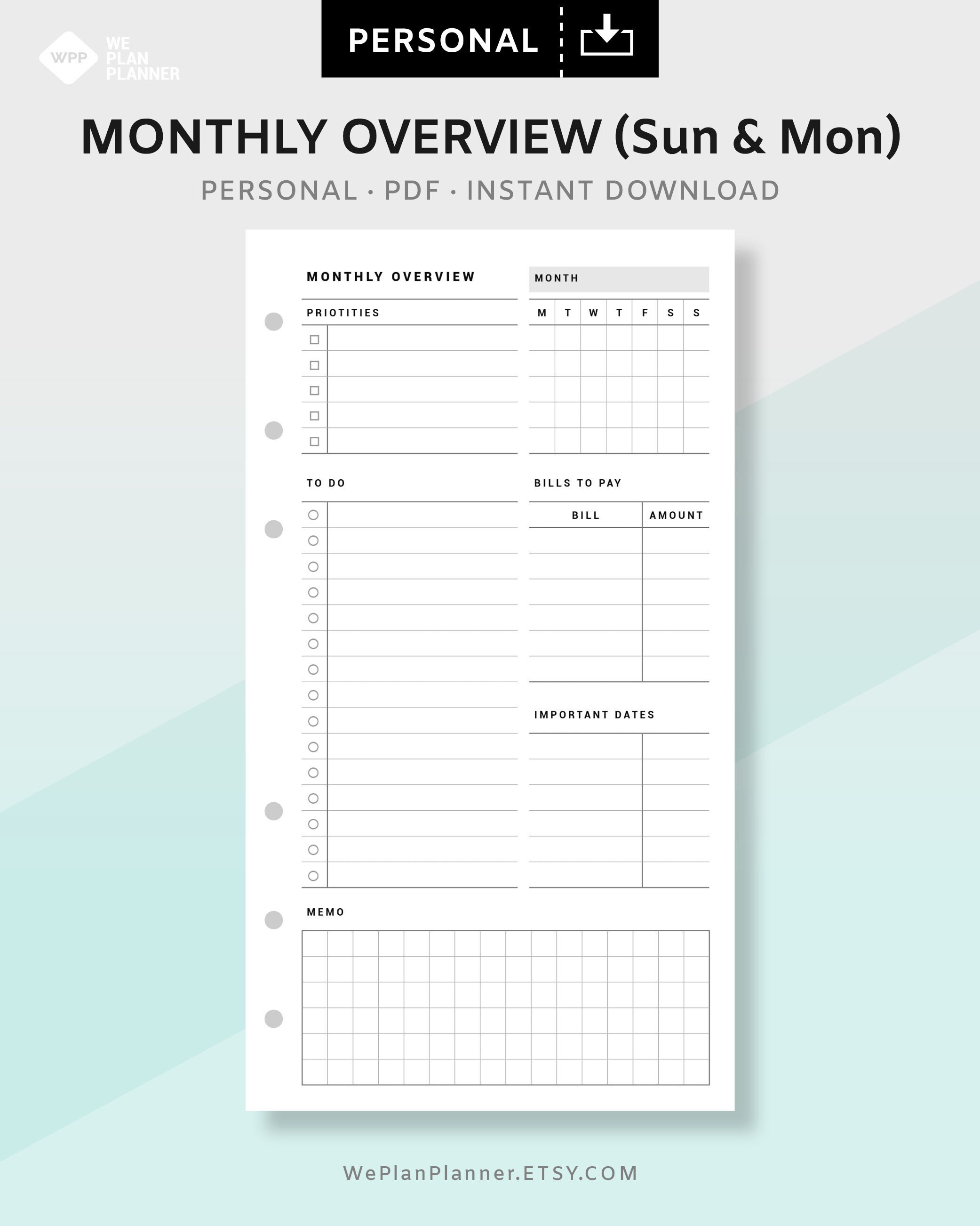 Personal Monthly Overview Planner Inserts Mon / Sun Start Month to Do ...