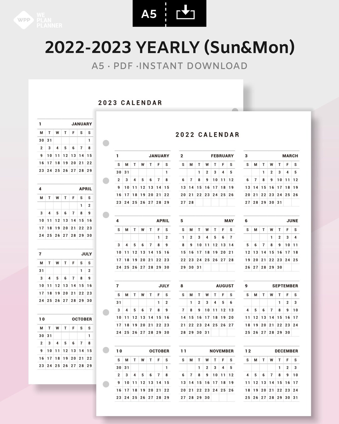 Printable 2022-2023 Calendar Yearly Overview Planner Year at - Etsy