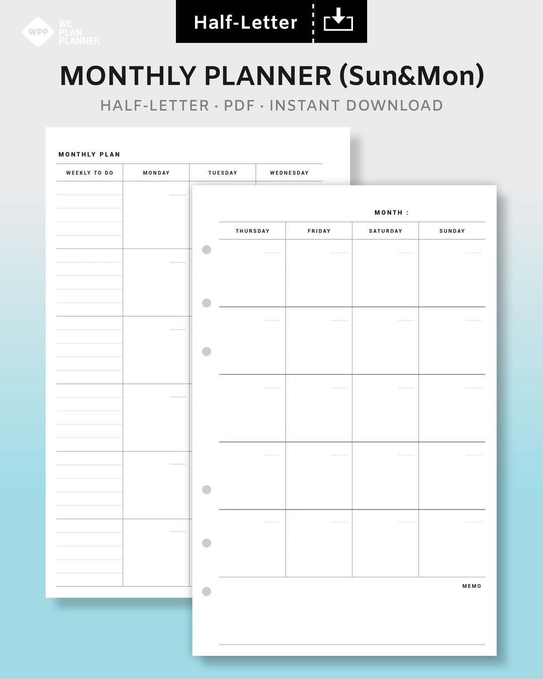 Monthly Planner Printable on Two Pages | Sunday & Monday Start ...