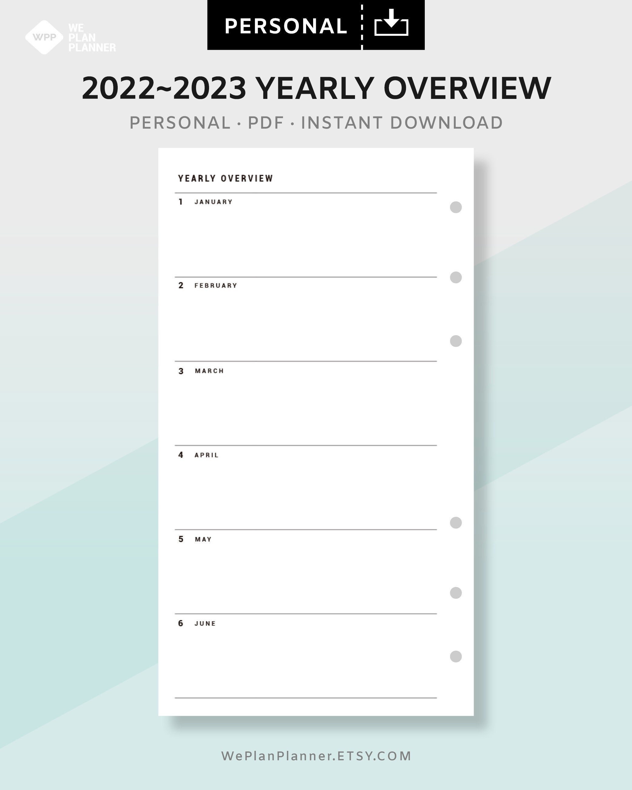 Printable 2022-2023 Yearly Overview Planner Simple Year at a Glance on ...