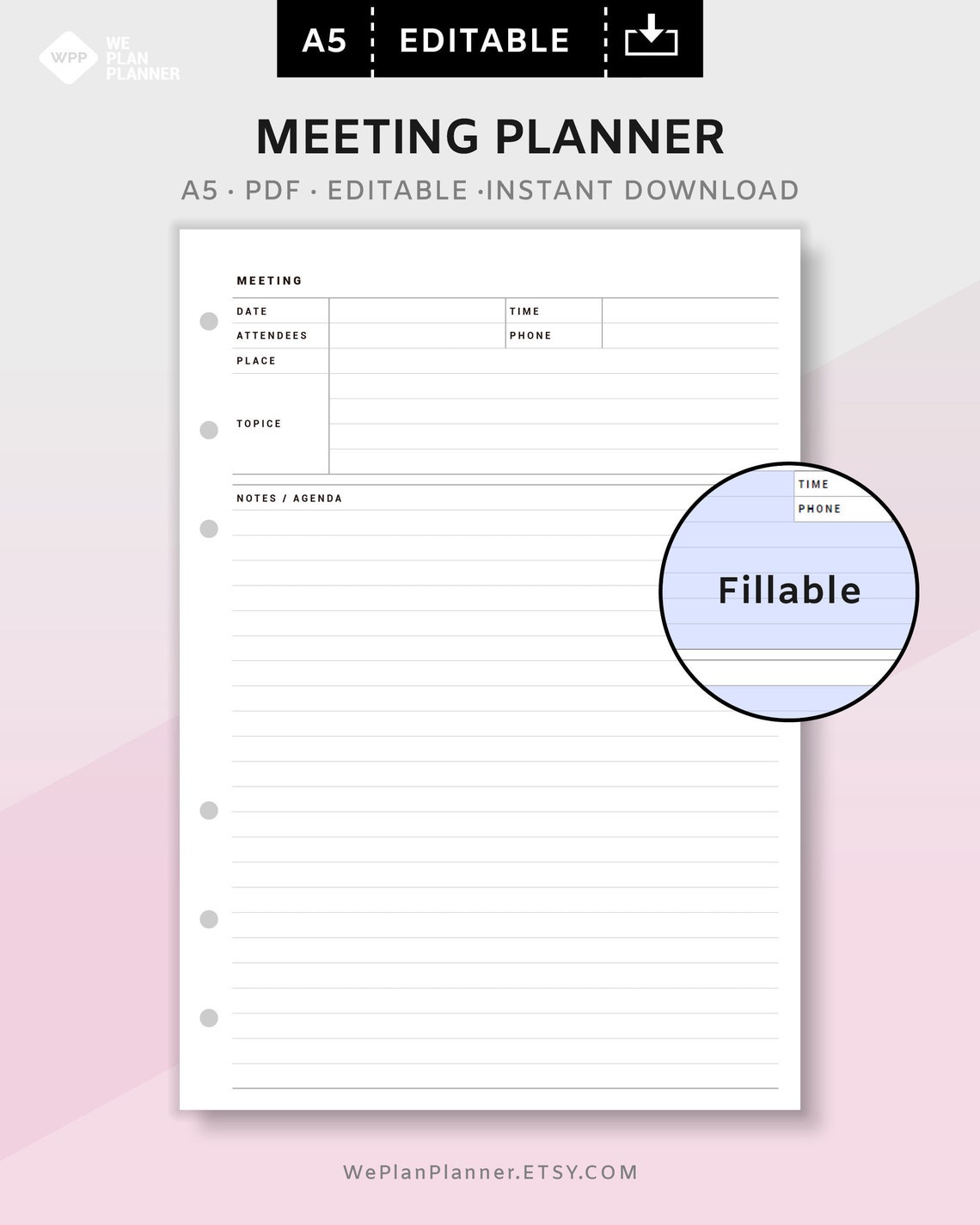 Formal Business Meeting Agenda Planner Template PDF for Work | Fillable ...
