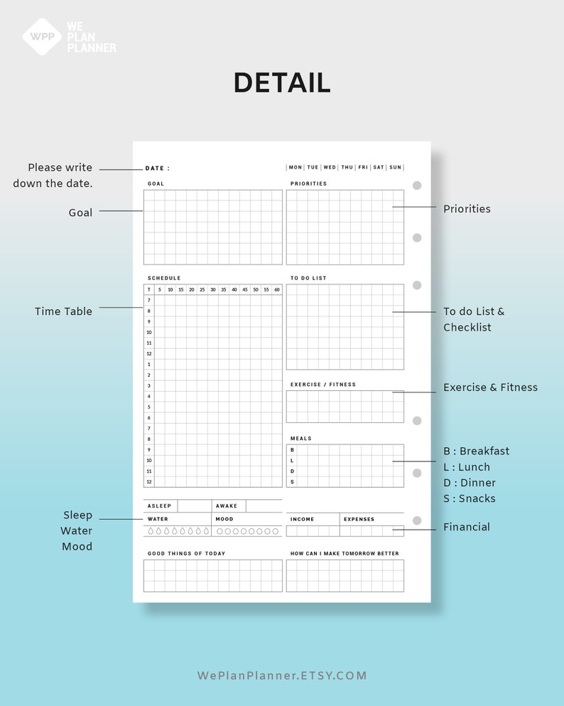 Printable Grid Daily Task Planner timetable Minimalist Hourly Planner ...