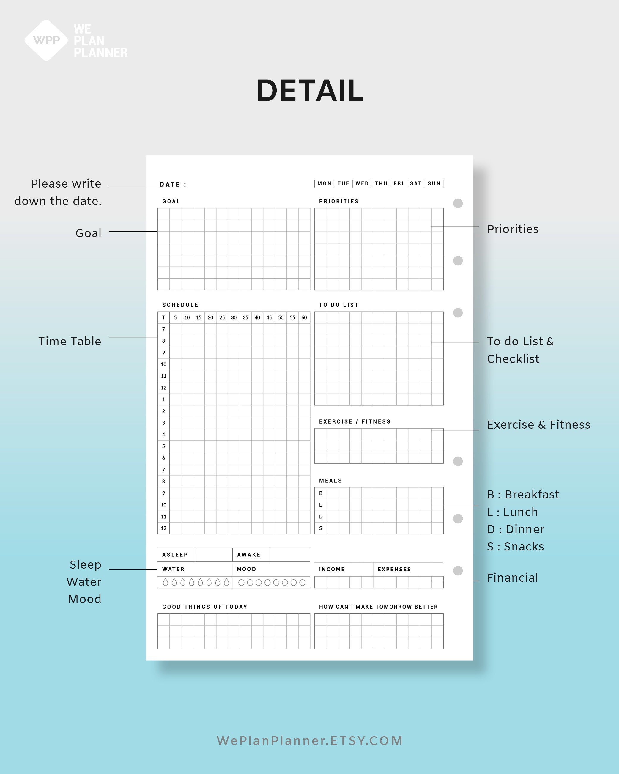 Printable Grid Daily Task Planner timetable Minimalist Hourly Planner ...
