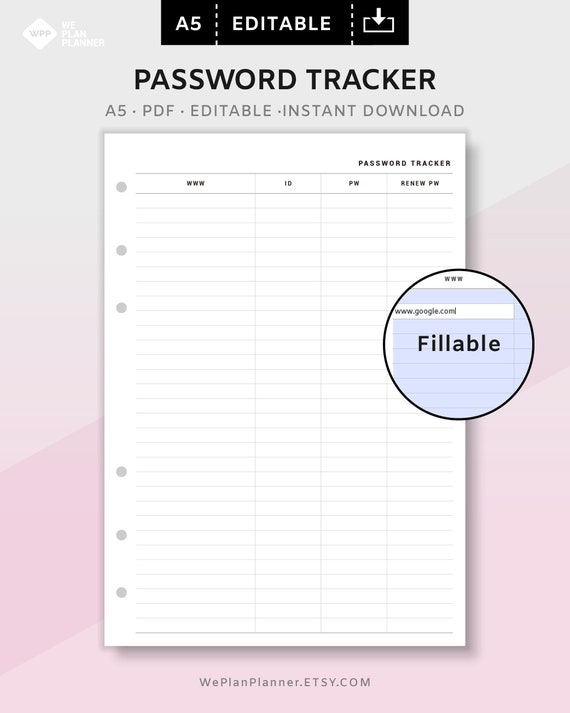 Password Tracker on 1 Page Printable Planner Inserts Page | Etsy