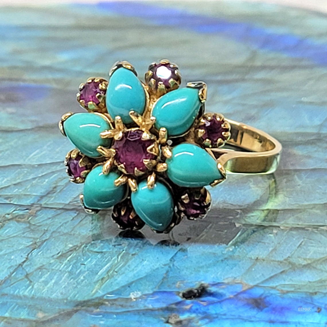 Lady's 14K Yellow Gold Ring With Turquoise & Rubies Size 9.5 - Etsy