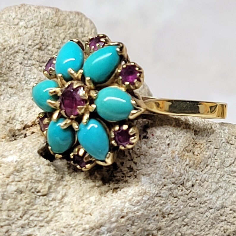 Lady's 14K Yellow Gold Ring With Turquoise & Rubies Size 9.5 - Etsy