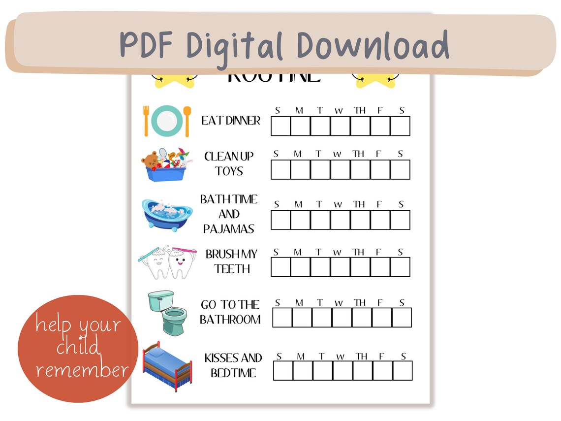 Kids Bedtime Routine Chart, Kids Bedtime Checklist, Evening Routine ...