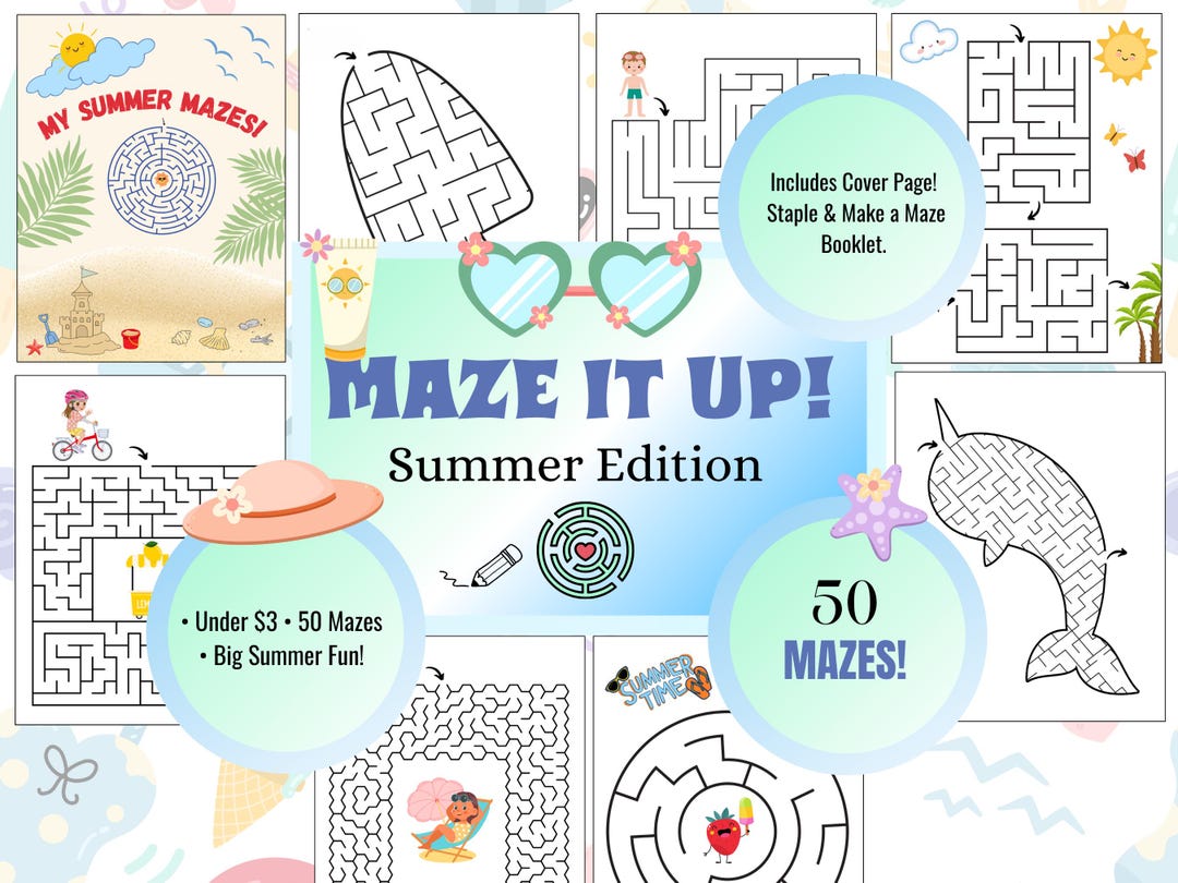Summer Mazes for Kids, 50 Printable Maze Worksheets, Fun Summer ...