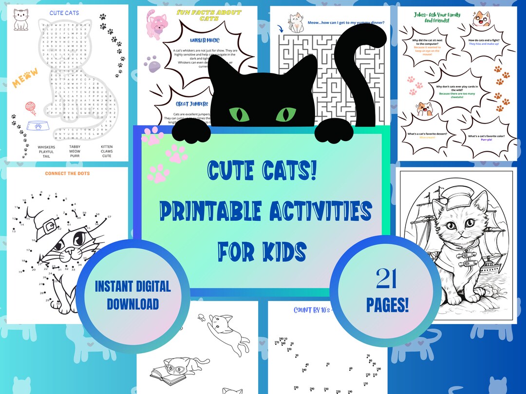 Activity Pages for Kids Activity Bundle Cat Themed Coloring - Etsy
