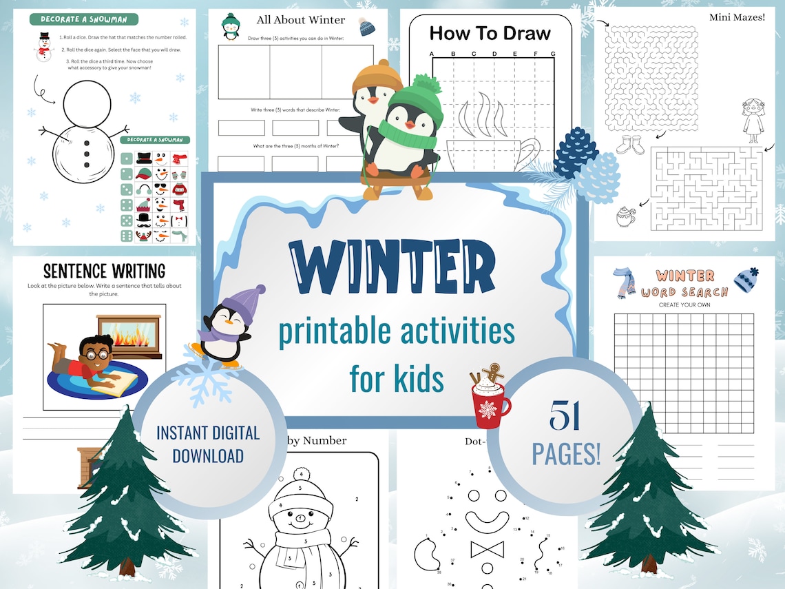 Kids Winter Activities, Printable Winter Activity Bundle, Coloring ...