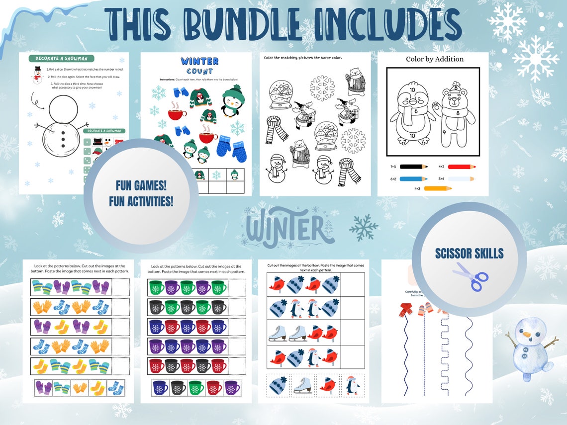 Kids Winter Activities, Printable Winter Activity Bundle, Coloring ...