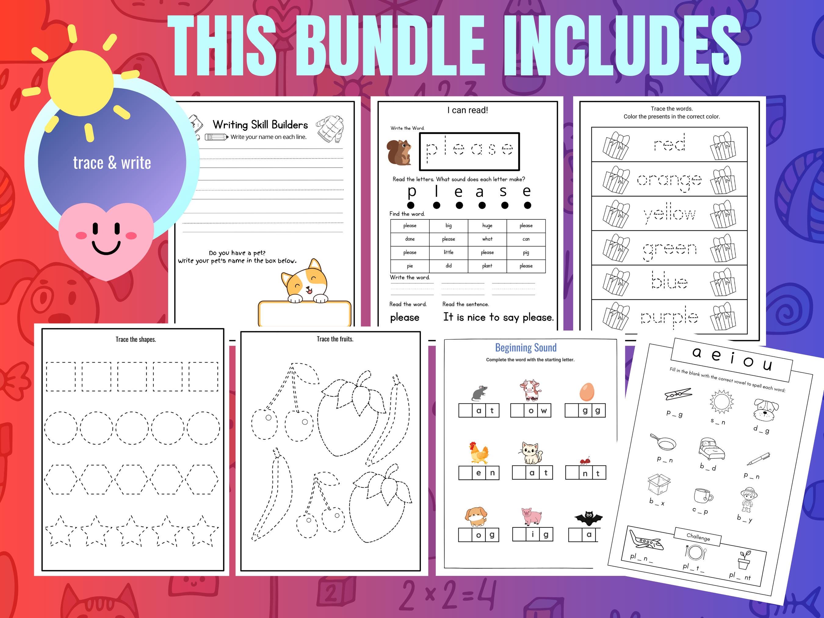Pre-k Printable Worksheets, Kindergarten Activity Bundle, Kids Activity ...