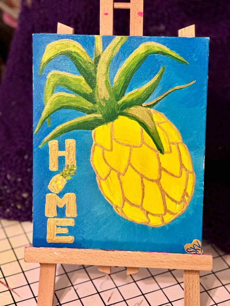 Chic Pineapple Home Sign, Hand Painted on Canvas Panel Blue and Bright ...