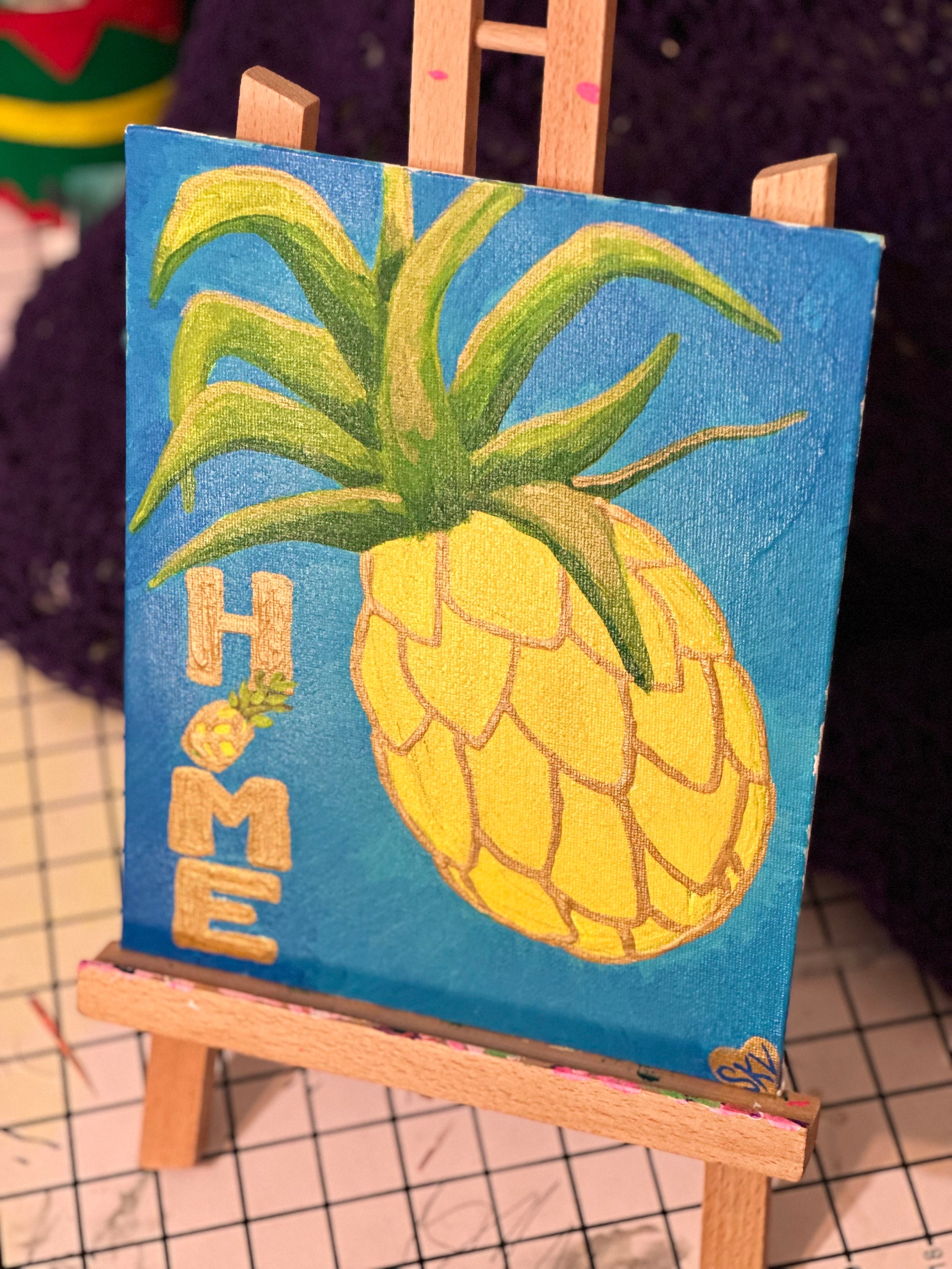 Chic Pineapple Home Sign, Hand Painted on Canvas Panel Blue and Bright ...